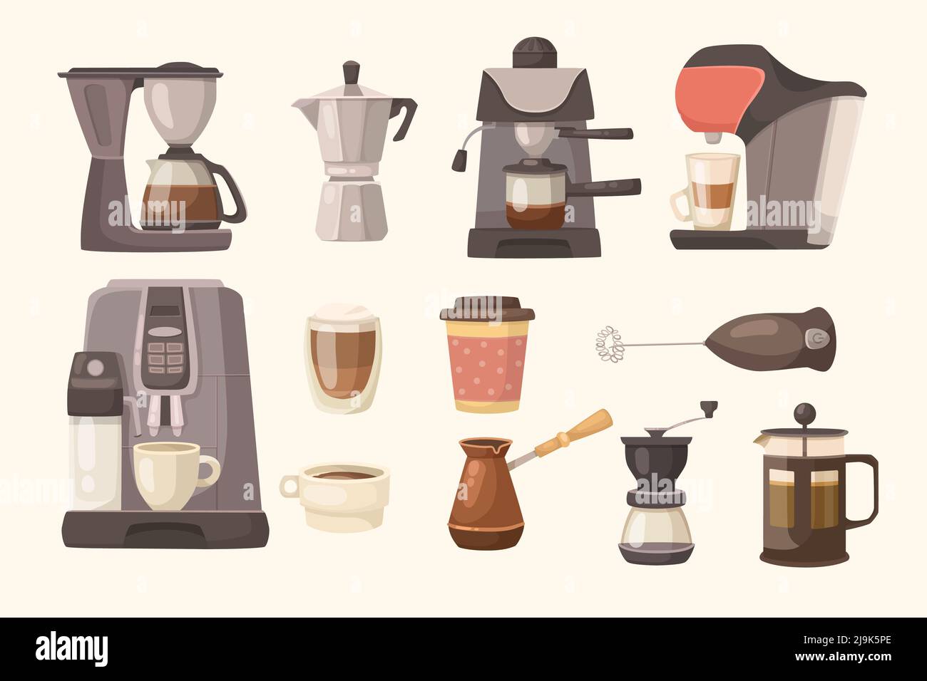 Different coffeemakers vector illustrations set. Collection of coffee ...