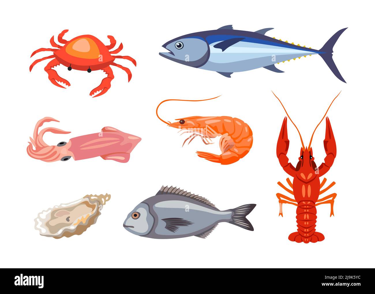 Different seafood or marine animals cartoon illustration set. Crab ...