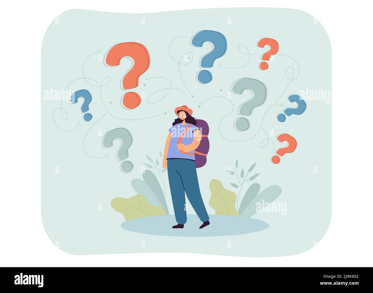 Female Tourist With Question Marks Above Head Girl With Backpack Thinking Wondering Making