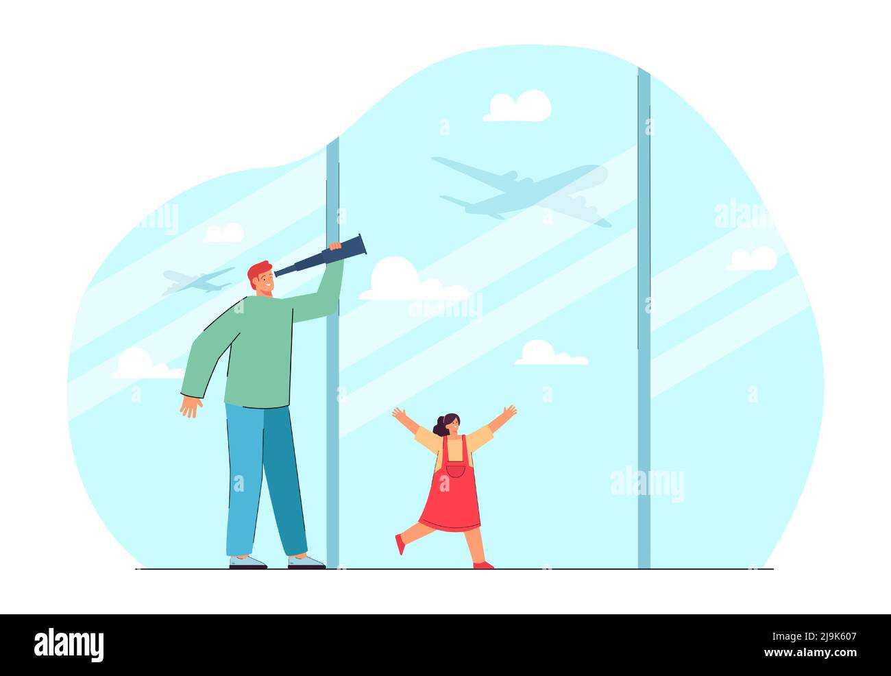 Father and daughter looking at planes at airport. Man watching flying ...
