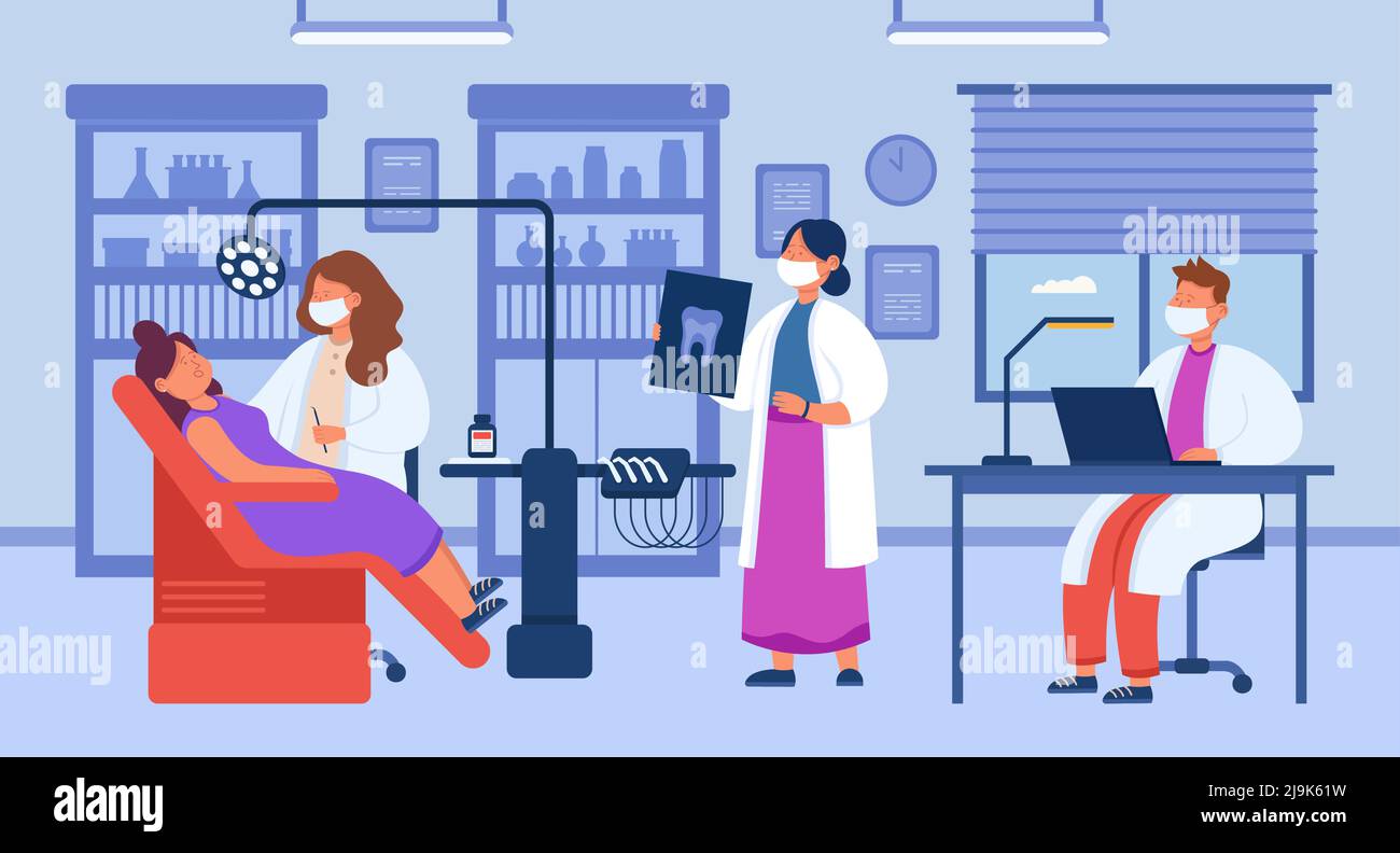 Female cartoon patient visiting dentist clinic. Woman on chair getting ...