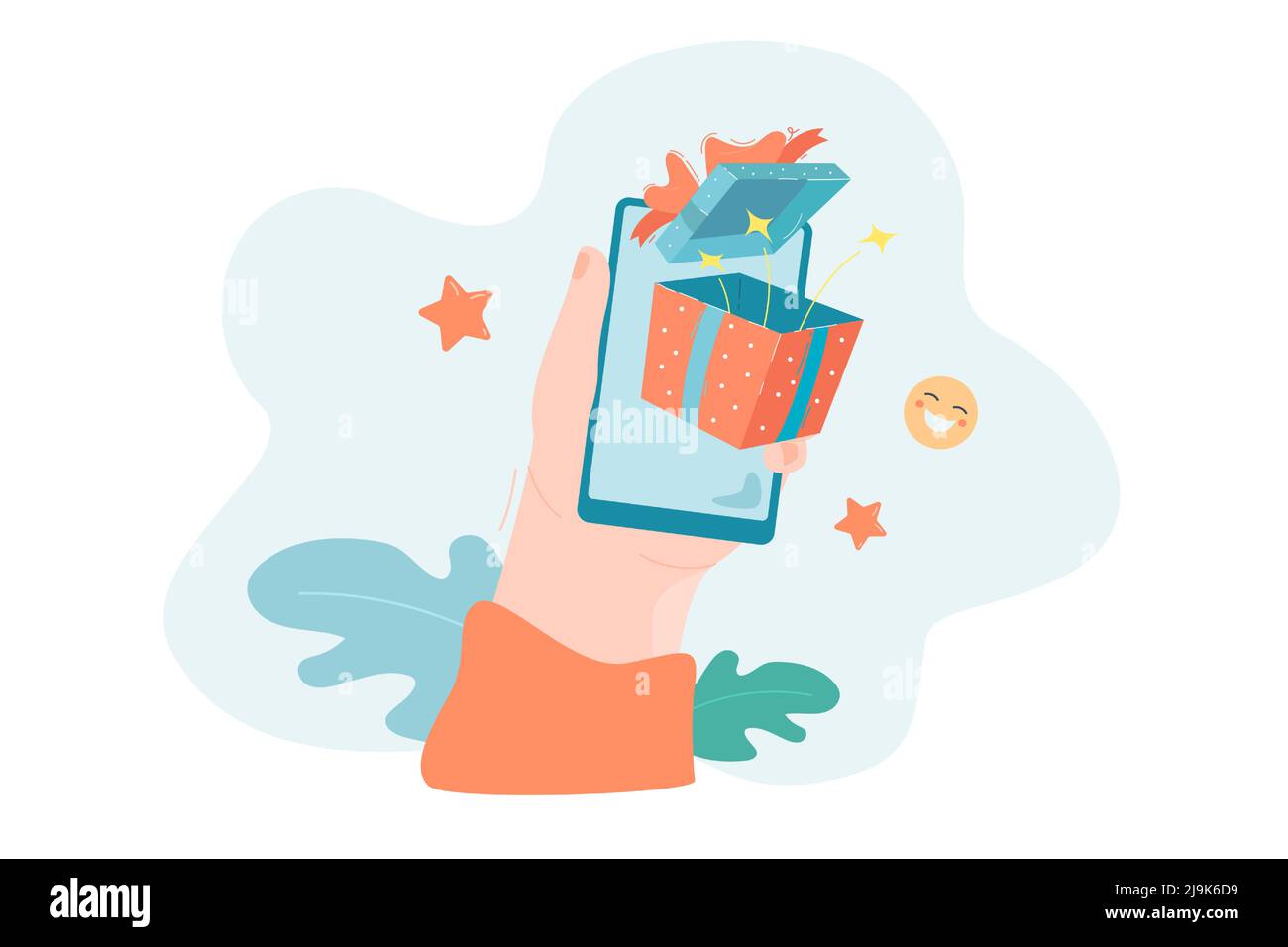 Hand holding mobile phone with gift box on screen. Person receiving ...