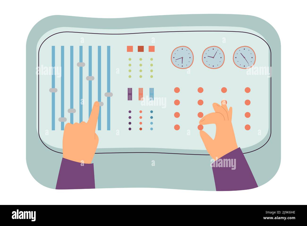 Hands on control dashboard panel flat vector illustration. Operator pushing buttons, adjusting ...