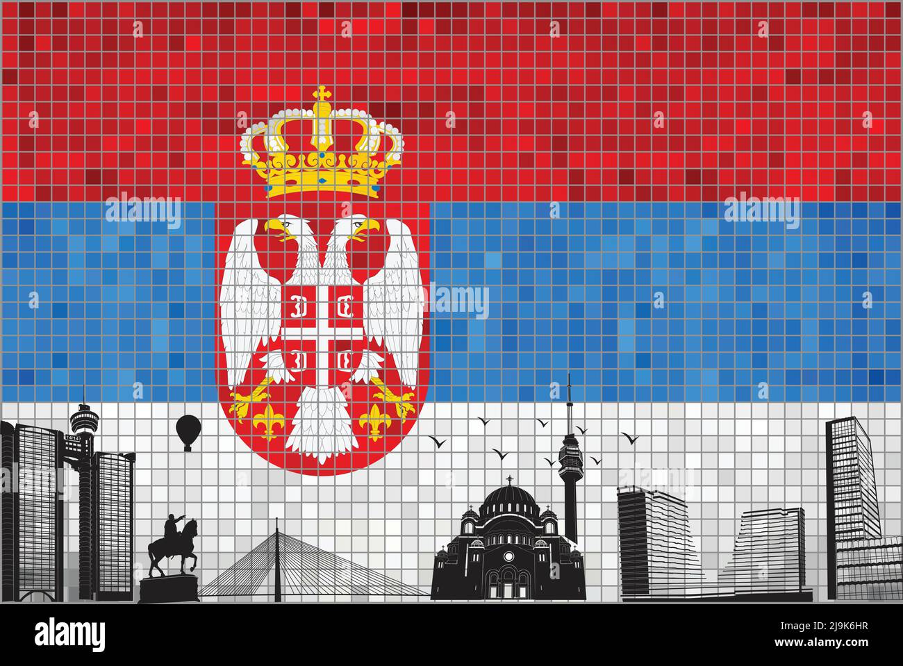 Belgrade city skyline with flag of Serbia on background - illustration ...