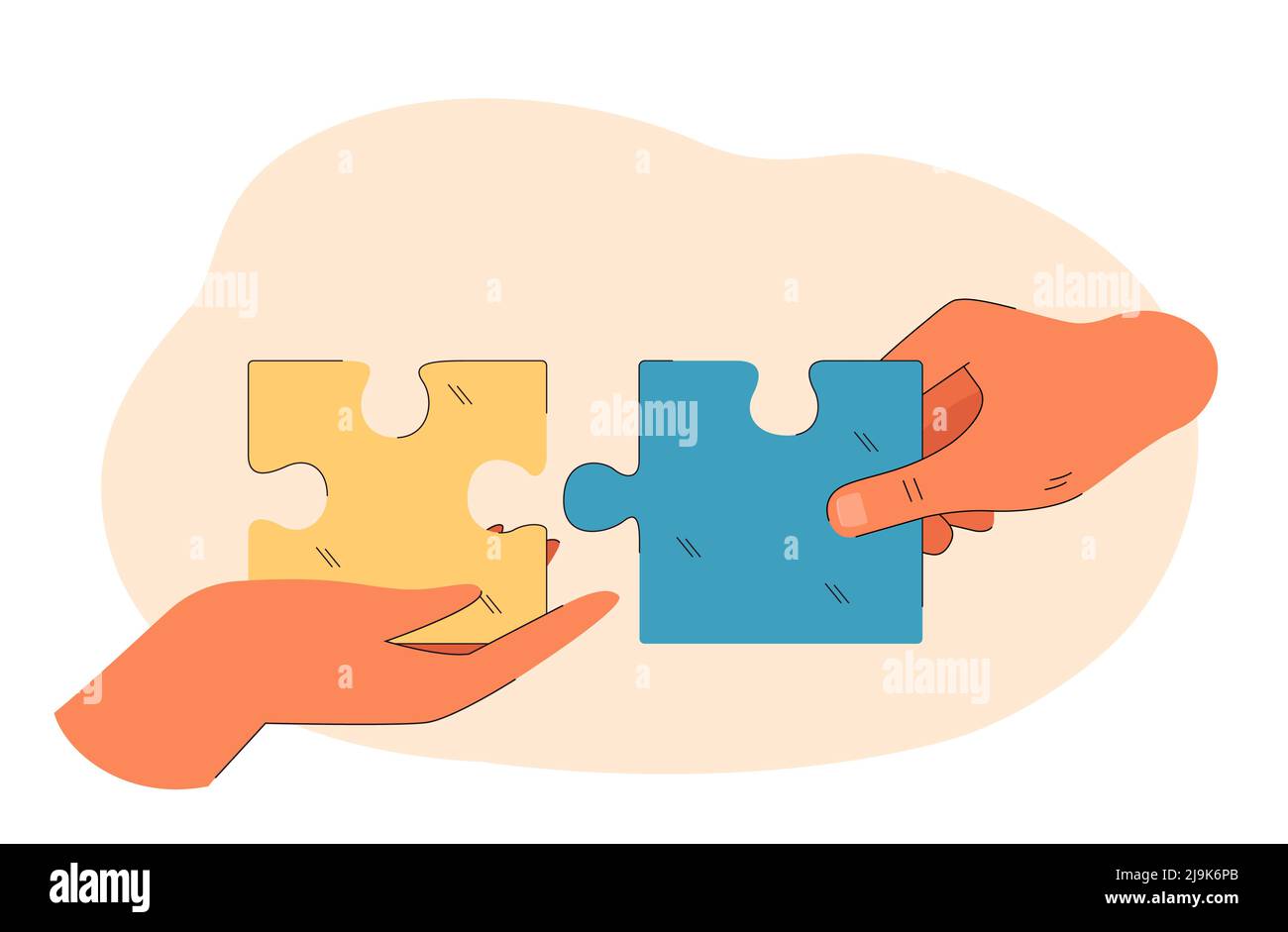 Hands connecting blue and yellow puzzle flat vector illustration ...