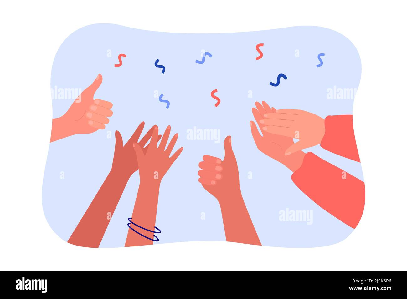 Hands clapping and giving thumbs up. Crowd of diverse people applauding, audience cheering flat ...