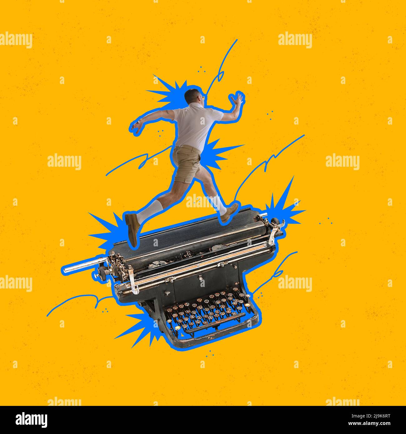 Contemporary art collage. Stylish man running on typewriter isolated ...