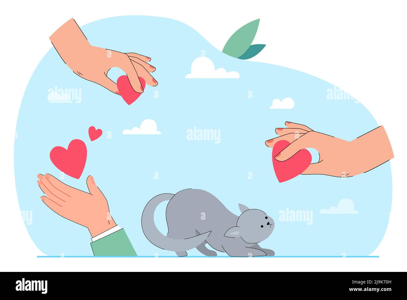 Homeless cat looking at giant hand holding heart. Hands of people ...