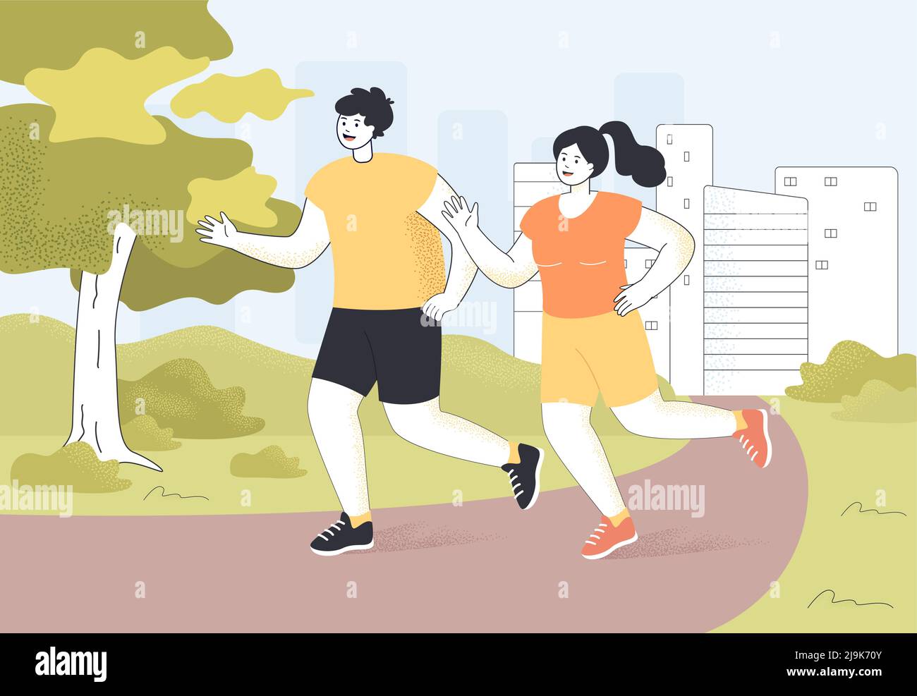 Happy cartoon persons jogging in summer. Male and female athletes ...