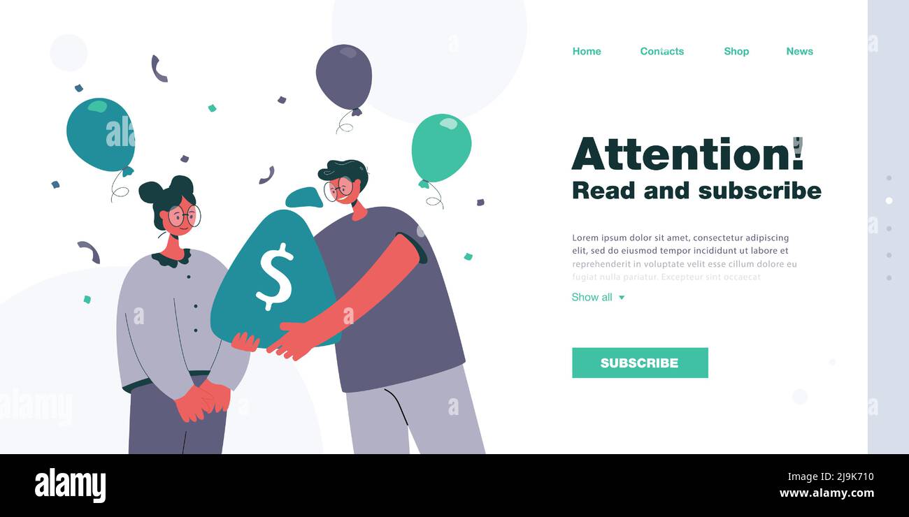 Happy friend or colleague giving sack of money to woman. Girl getting ...