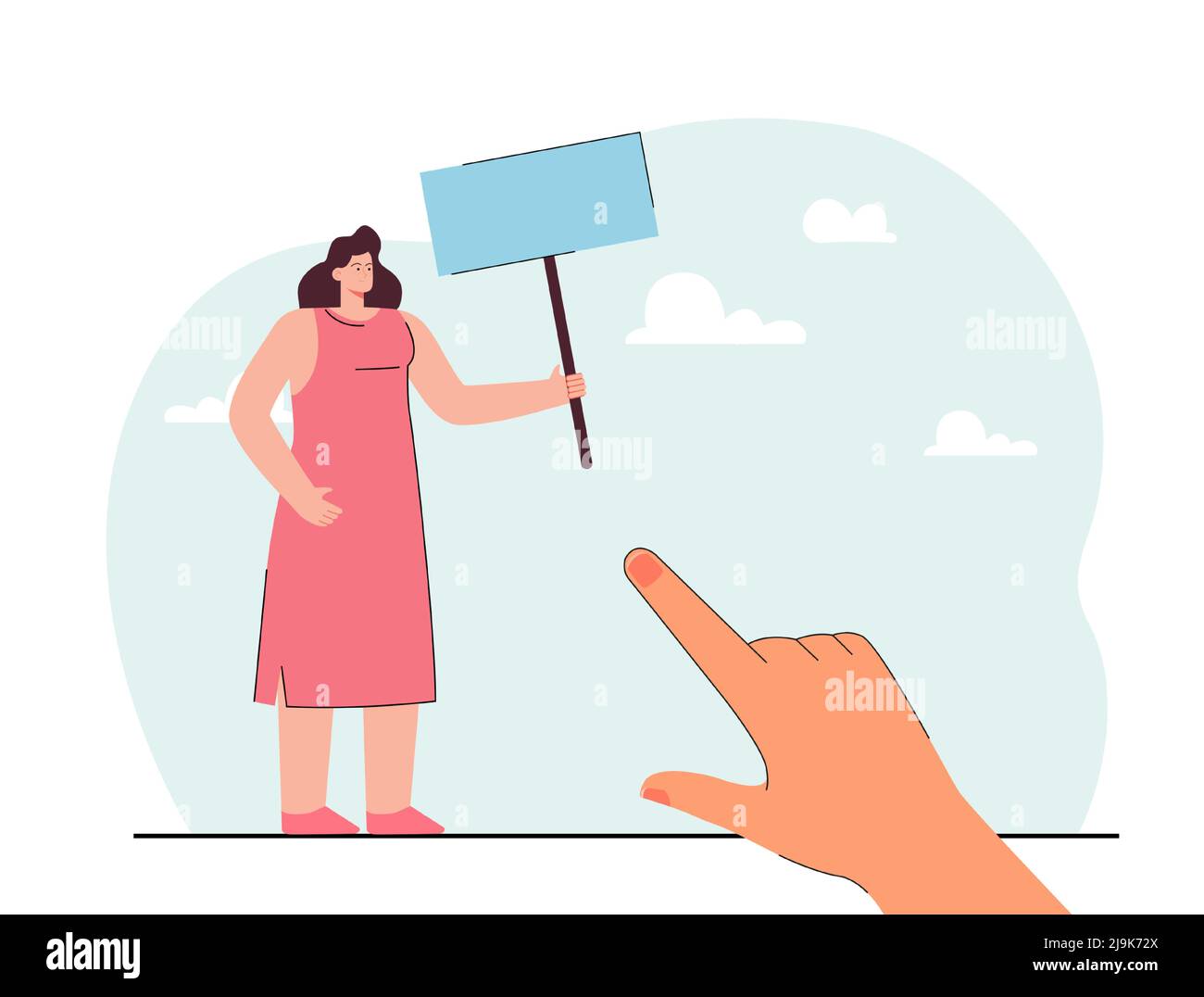 Huge hand pointing at activist with blank placard. Female protestor at ...