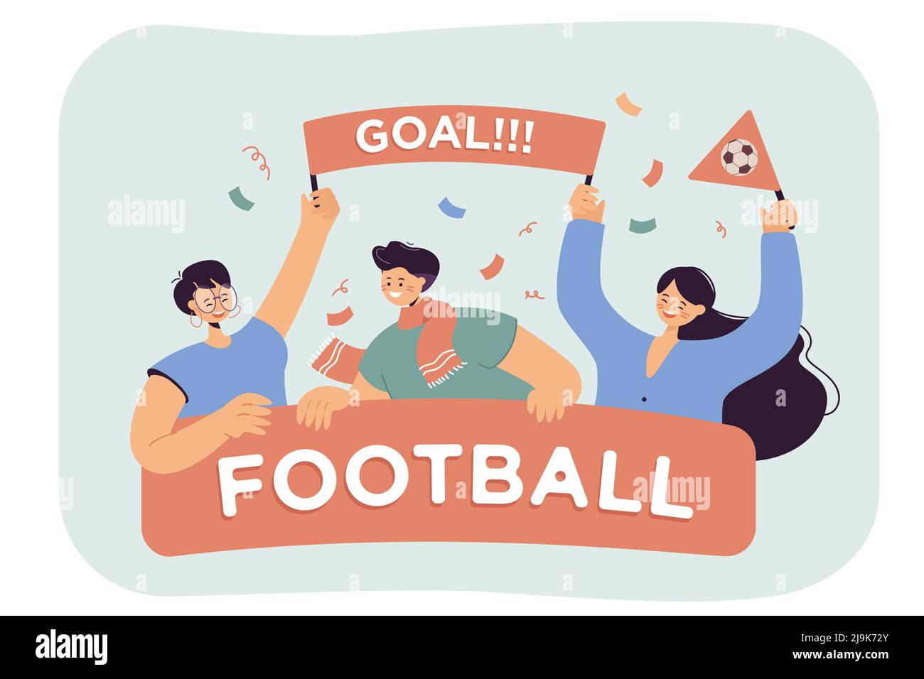 Happy open-air football fans flat vector illustration. Group of active ...