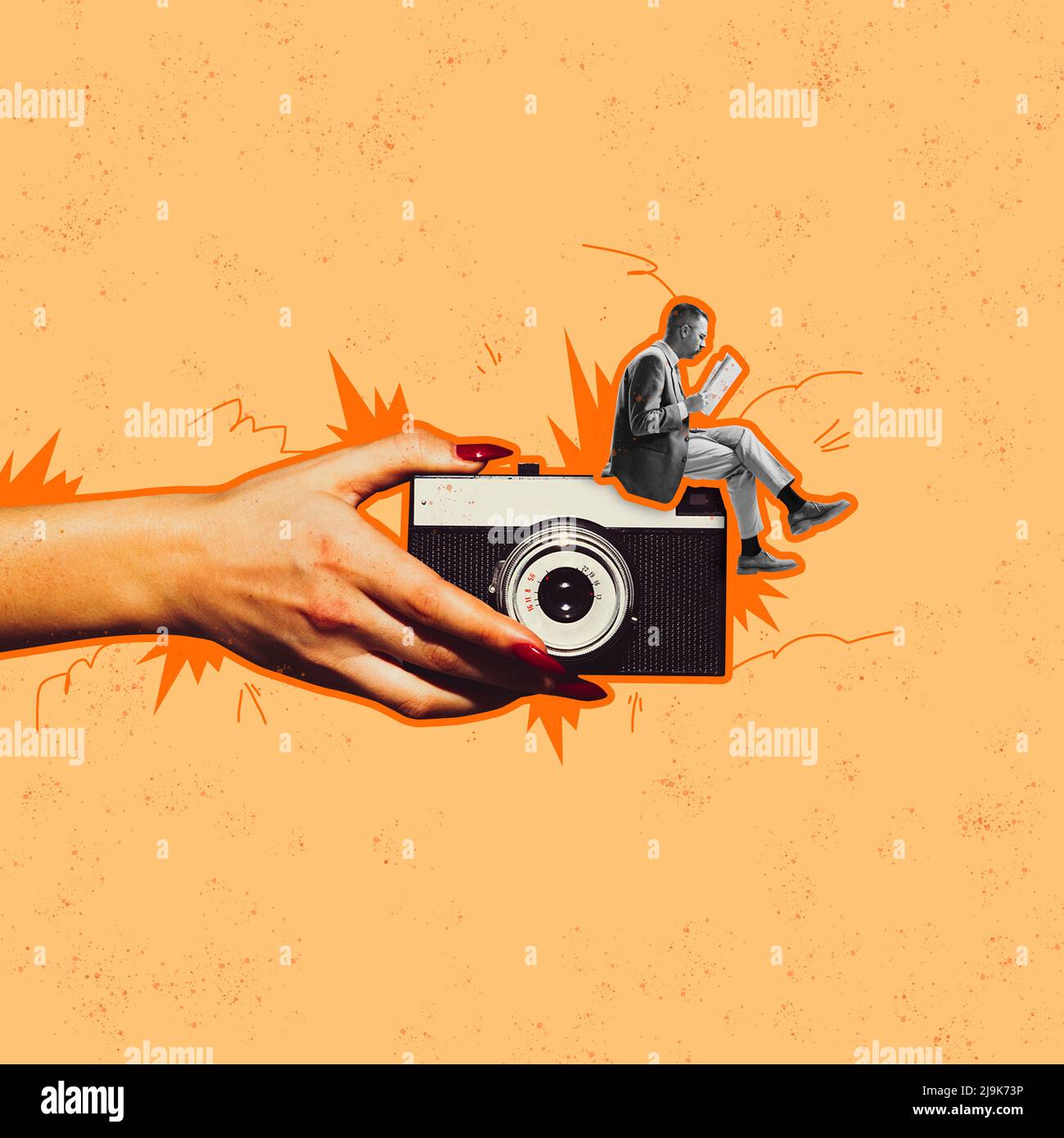 Contemporary art collage. Man sitting on retro camera, reading ...