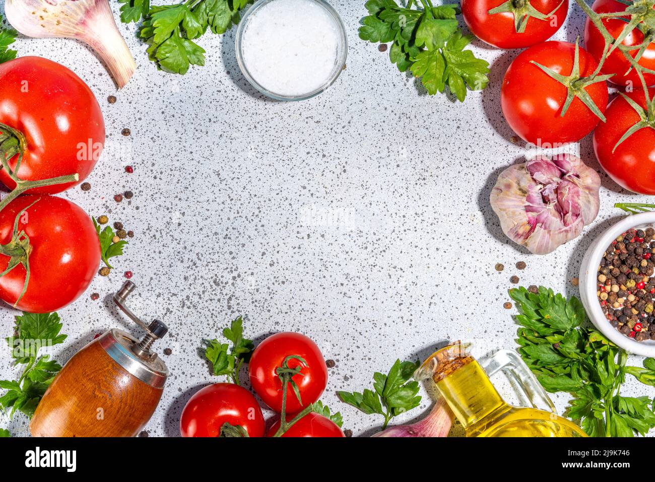 Cooking ingredients background. Spices, black pepper, garlic, onion ...