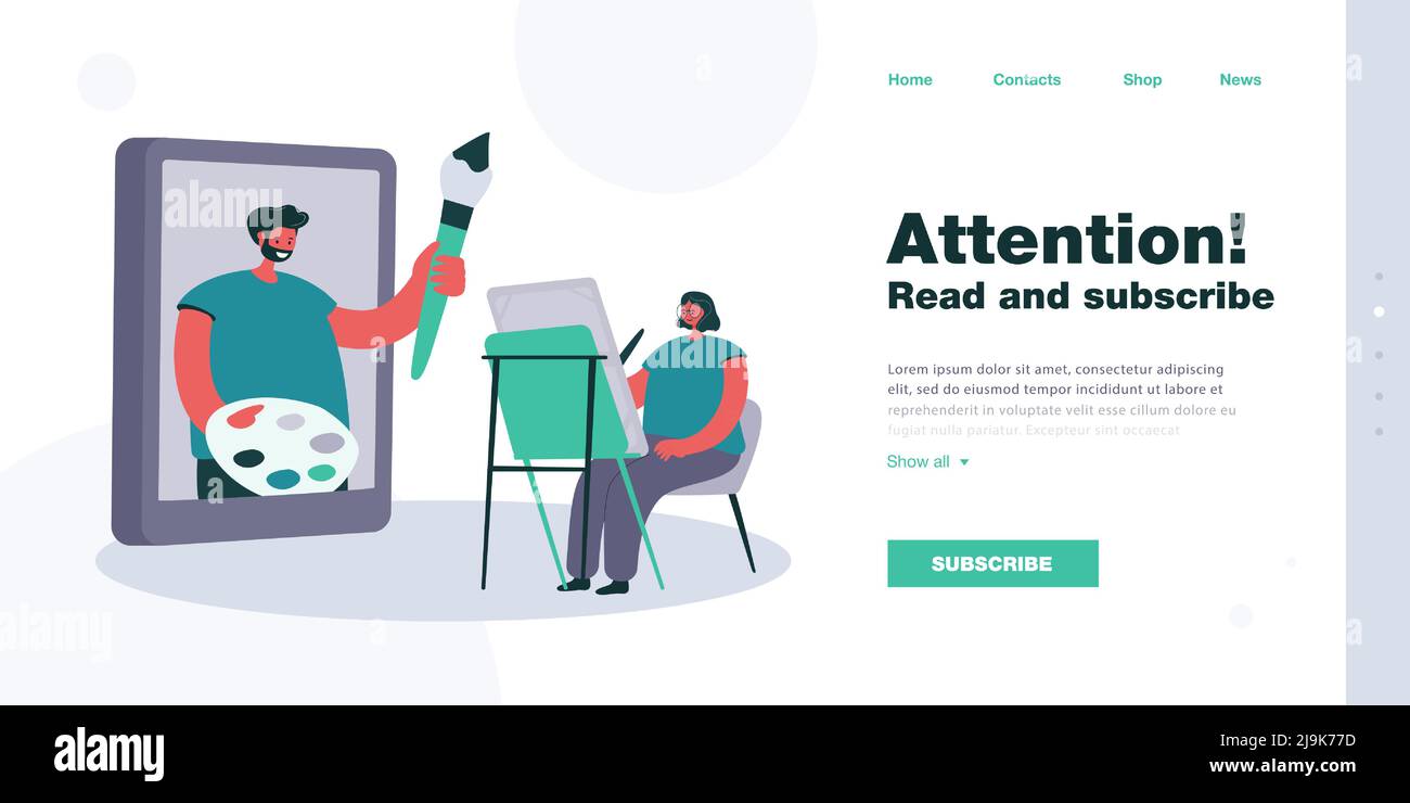 Woman watching drawing workshop online. Flat vector illustration. Girl ...