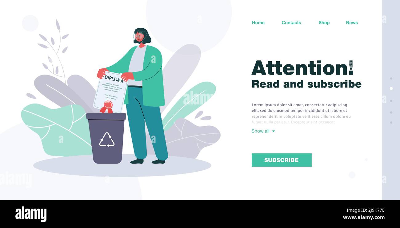 Sad female graduate throwing diploma into recycle bin. Girl putting ...