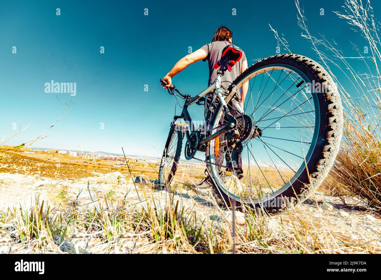 Biker and sunset landscape.leisure in outdoor with mountain bike ...