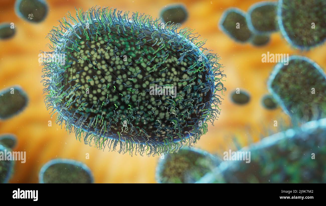 Monkeypox viruses, contagious microscopic pathogen closeup, infectious ...