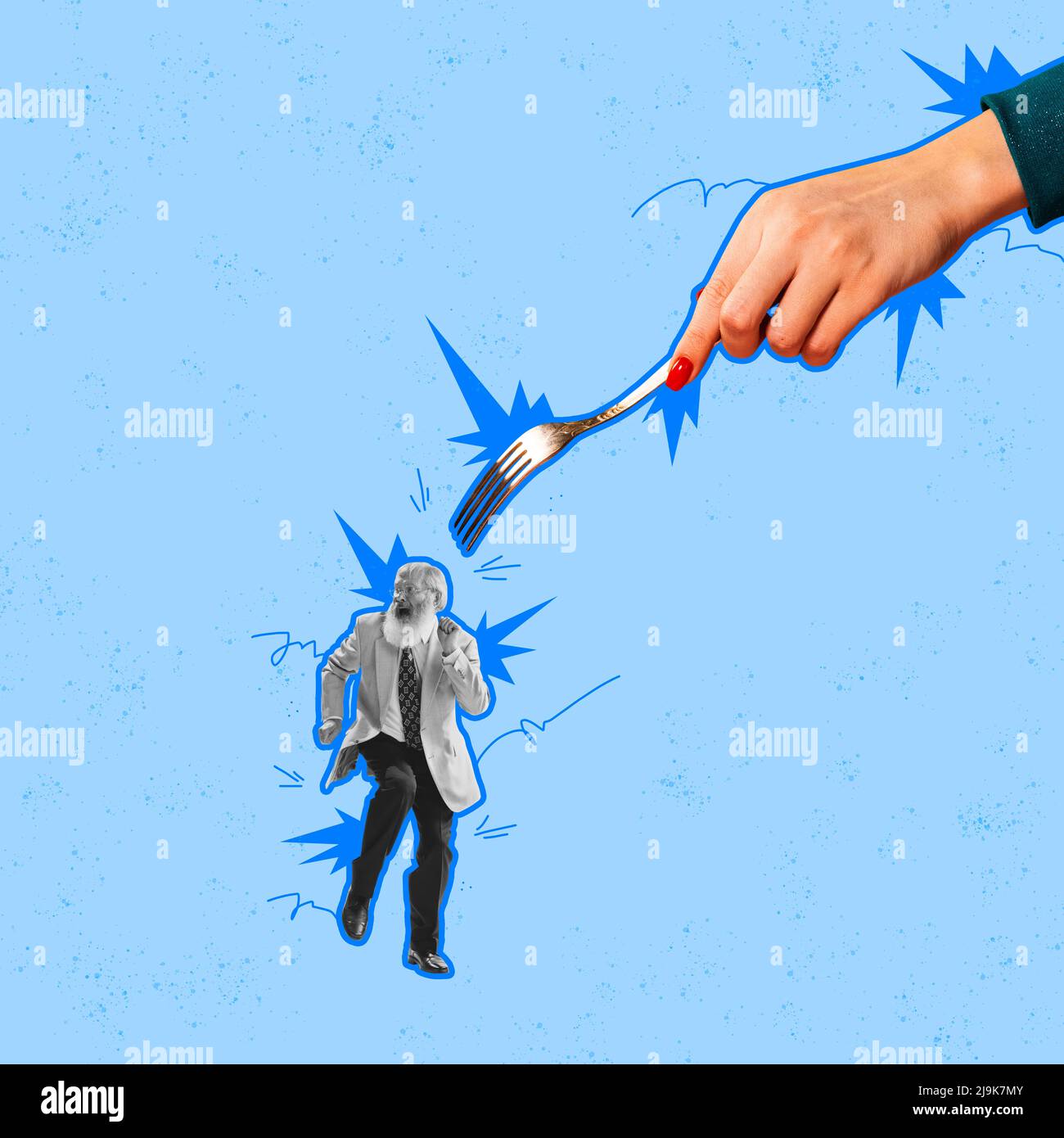 Contemporary art collage. Female hand holding fork and pointing at ...