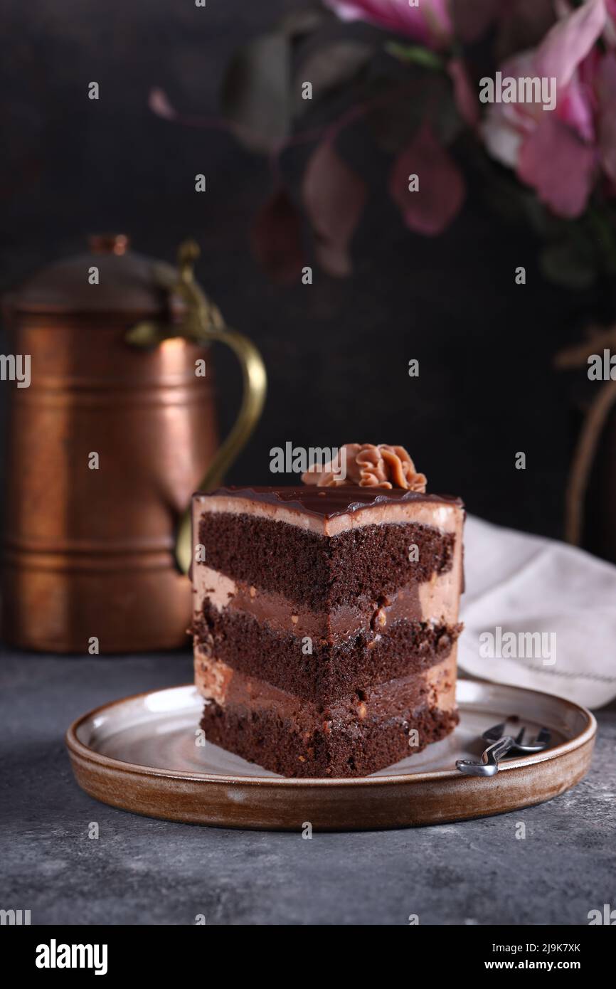 super chocolate cake slice for dessert Stock Photo - Alamy