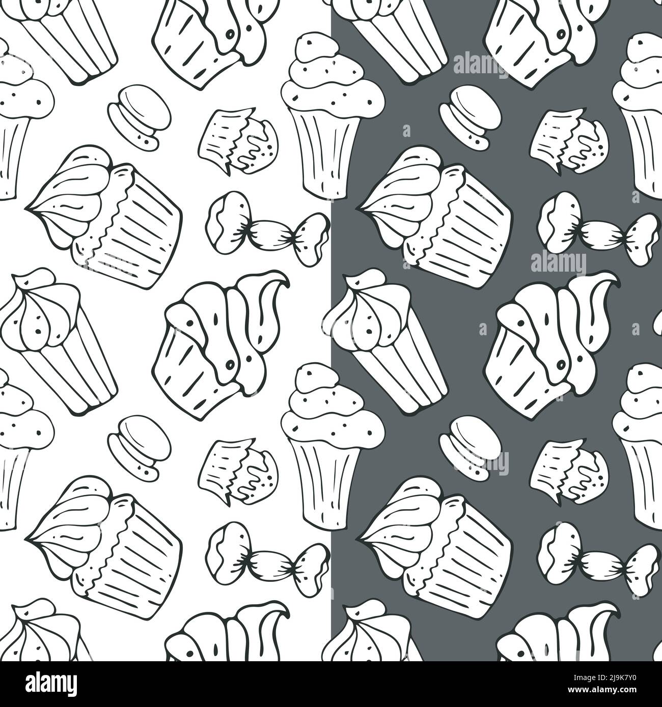 Sweet cakes seamless pattern. Hand drawn ink brush doodle design. Bakery desserts symbols ...