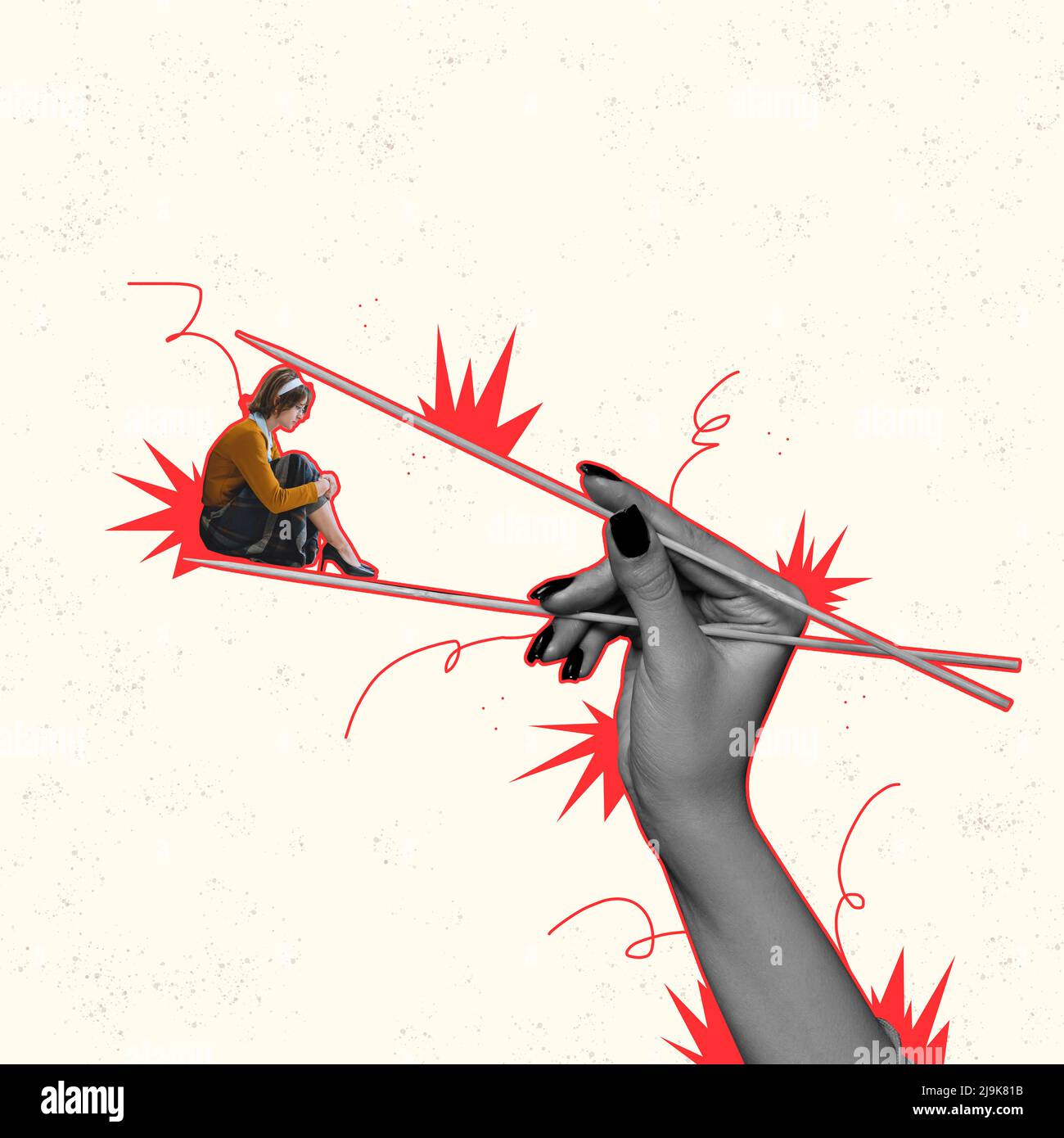 Contemporary art collage. Female hand catching woman with chopsticks ...
