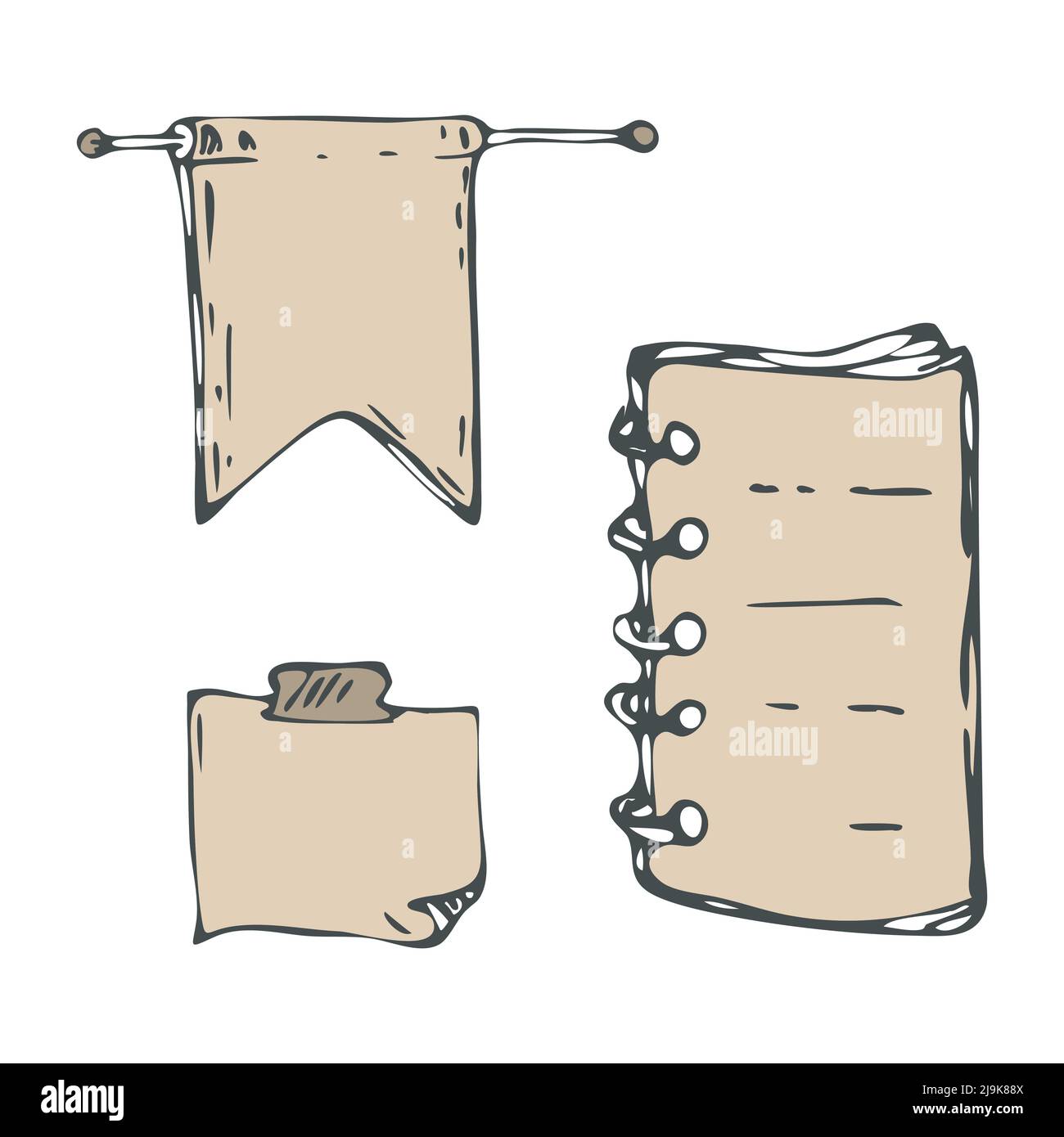 Banner, note paper, book, doodle ink line illustration set. Hand drawn ...