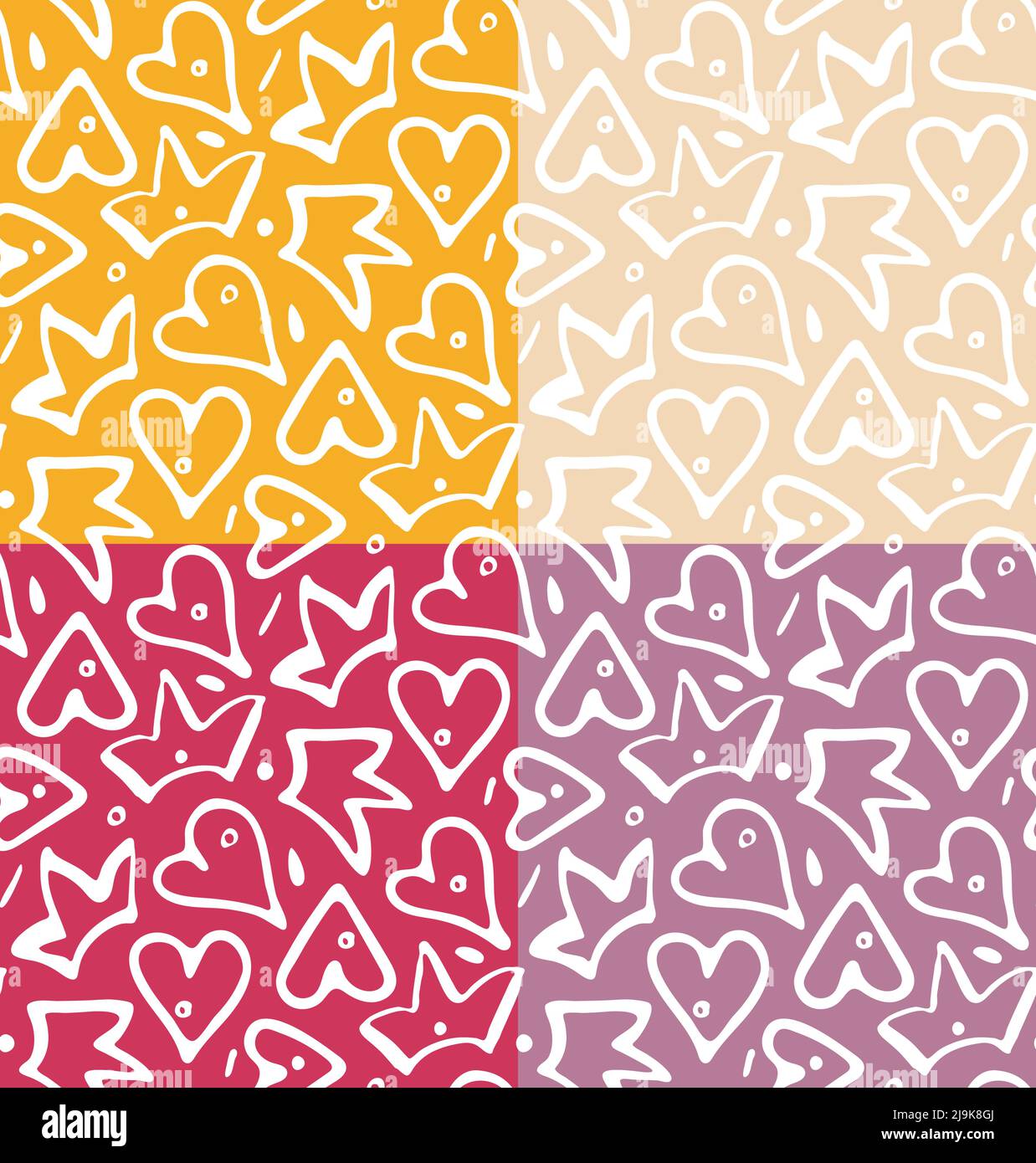 Crown, heart shapes ink brush, monochrome seamless pattern. Thick white ...