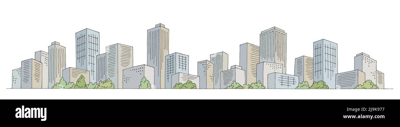 City graphic color long cityscape skyline sketch illustration vector ...