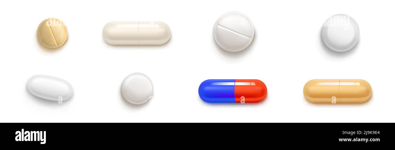 Pills, tablets and medicine drugs, colorful capsules with remedy filler ...