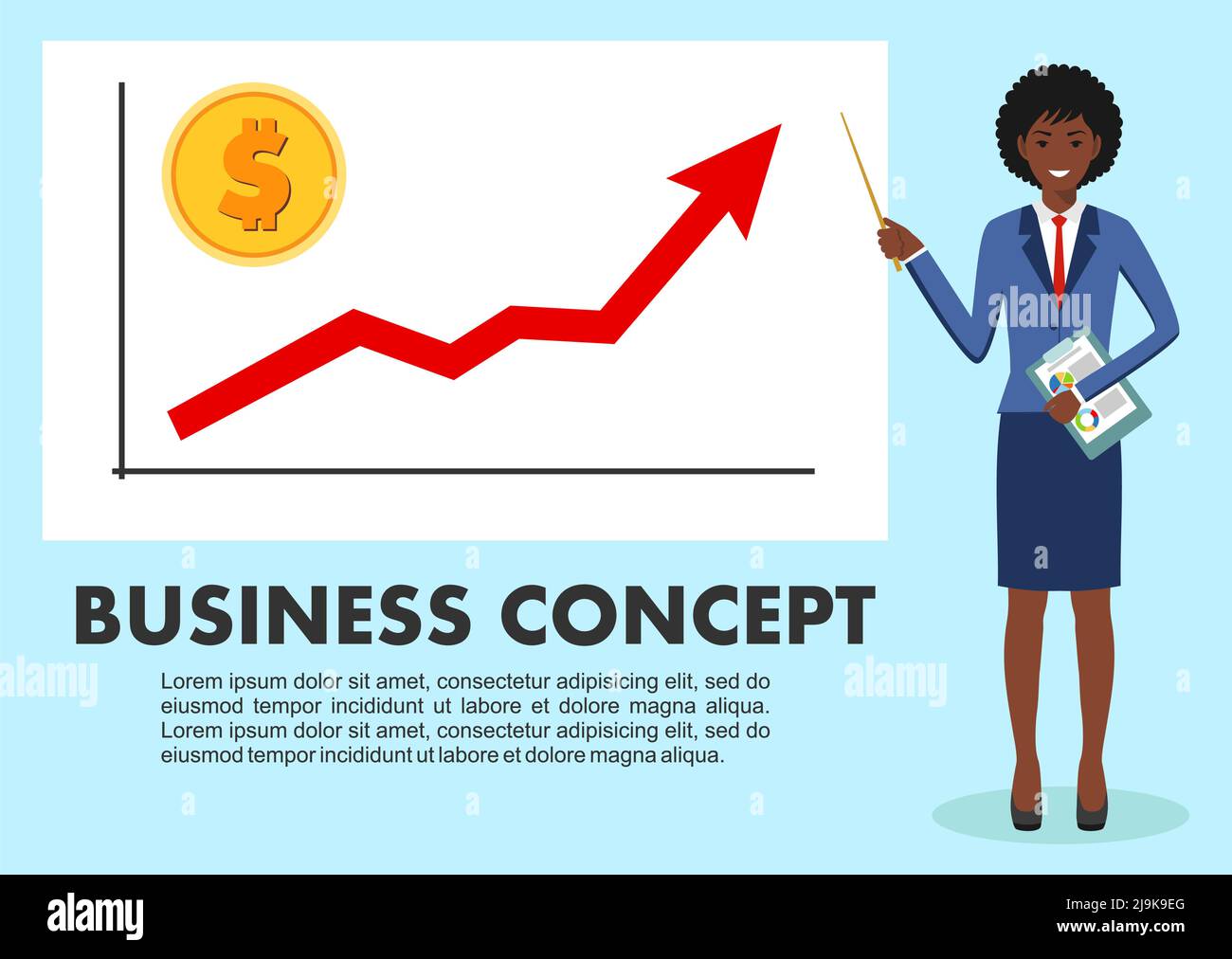 Businesswoman and graph with trend line rising up and coin with a sign ...