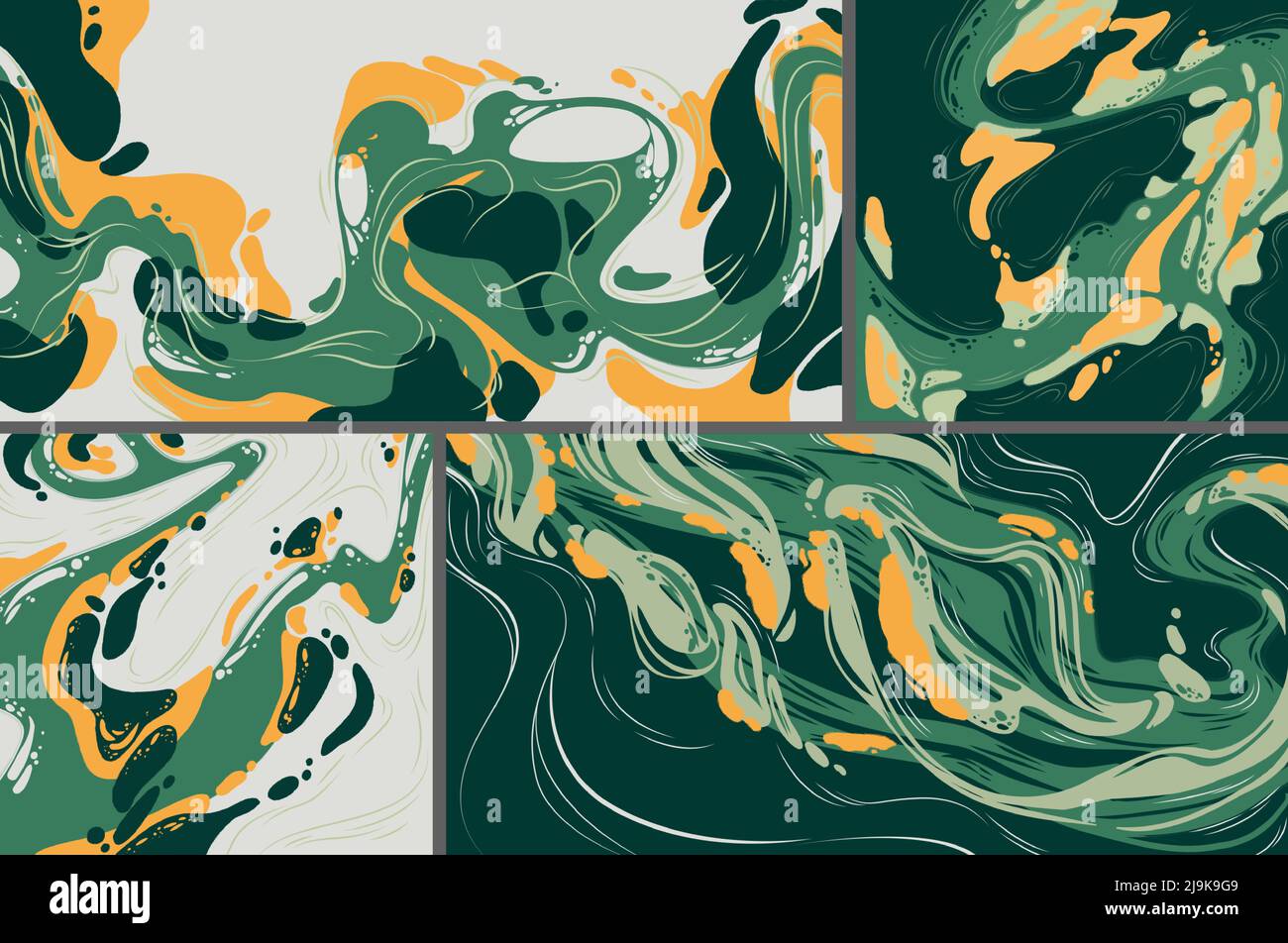 Abstract art backgrounds, modular painting arts with green and yellow liquid stains, swirls ...