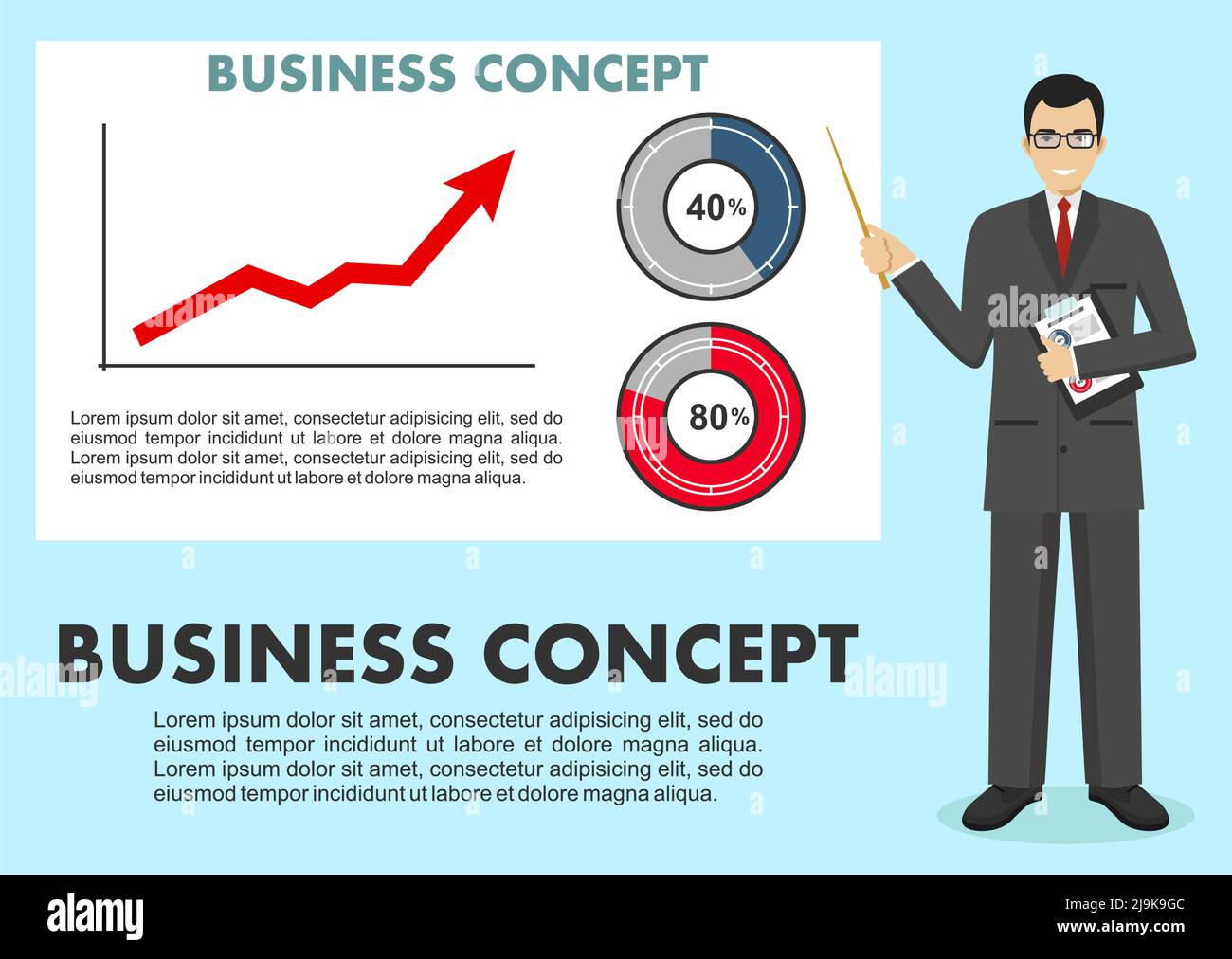 Businessman and graph with trend line rising up and coin with a sign of ...