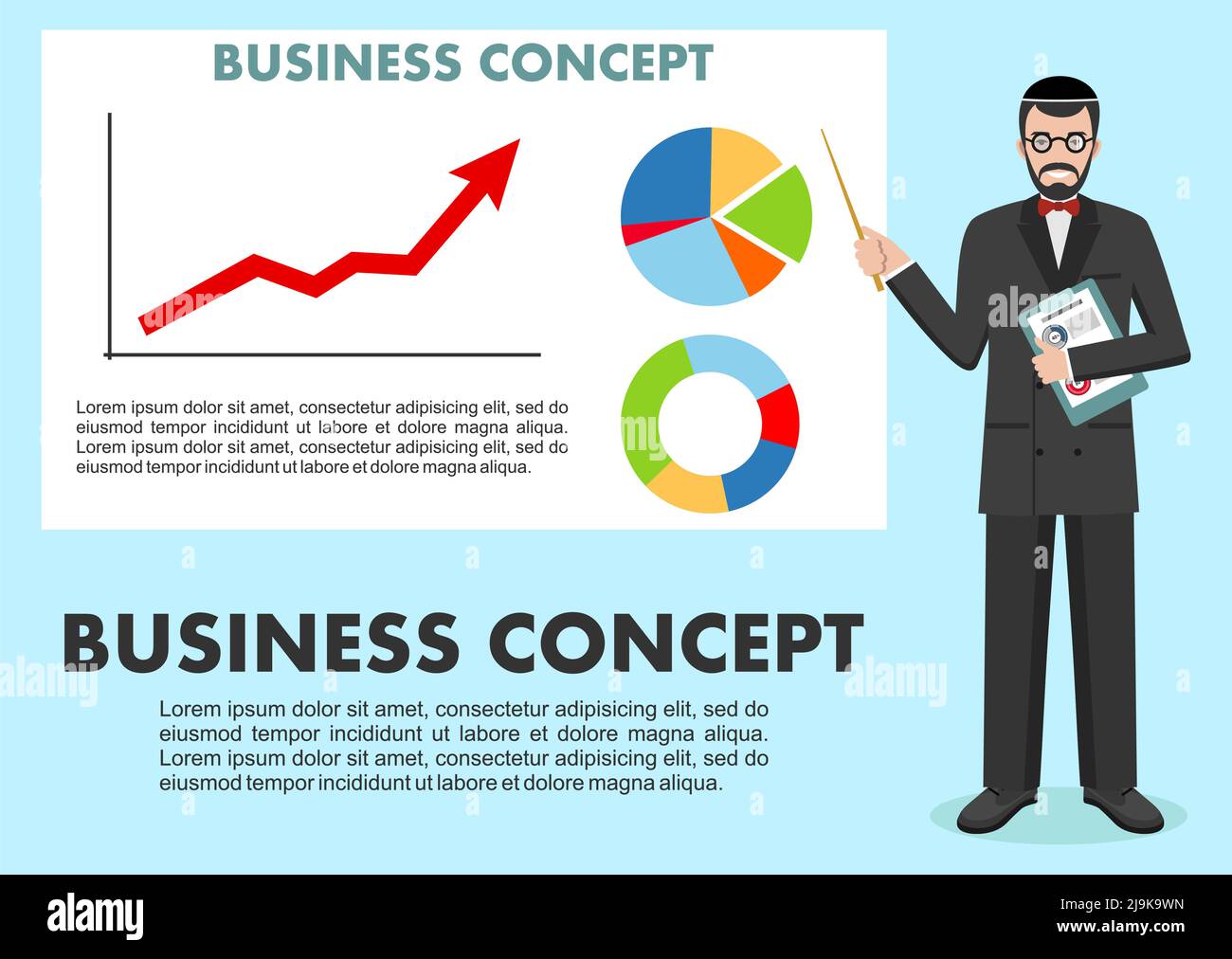 Jewish businessman and graph with trend line rising up and coin with a ...