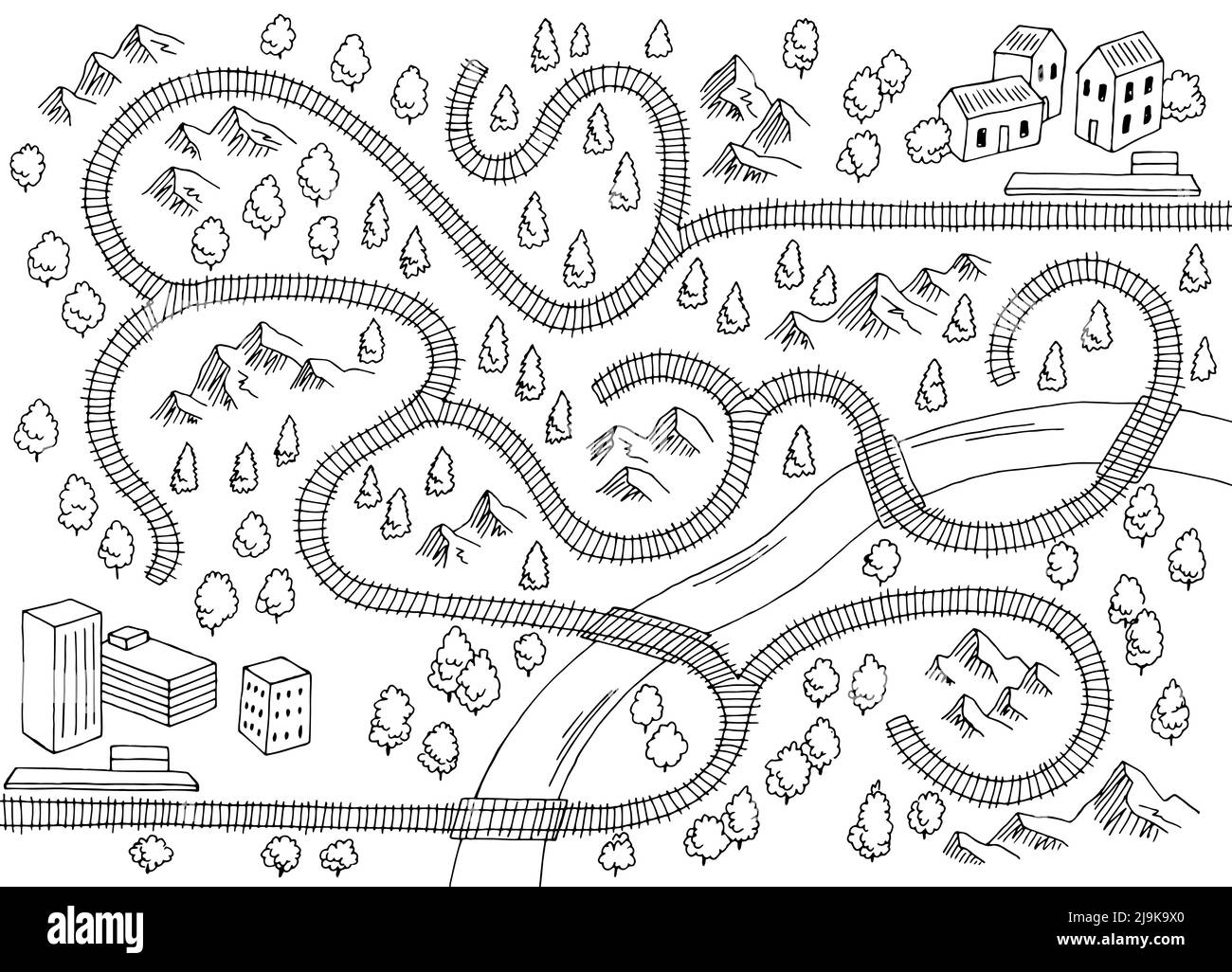 Railroad maze graphic black white sketch top aerial view illustration ...