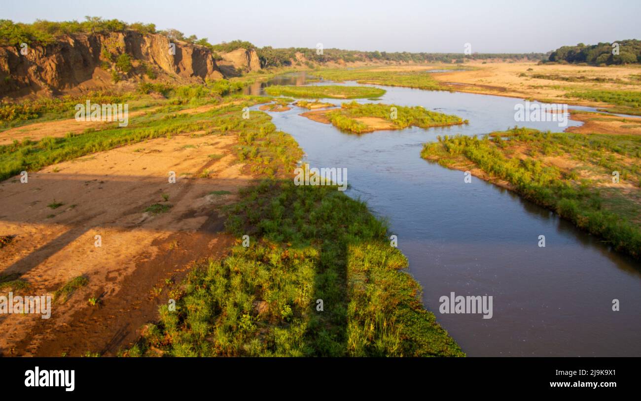View from the road bridge over the Letaba river in the Kruger National ...