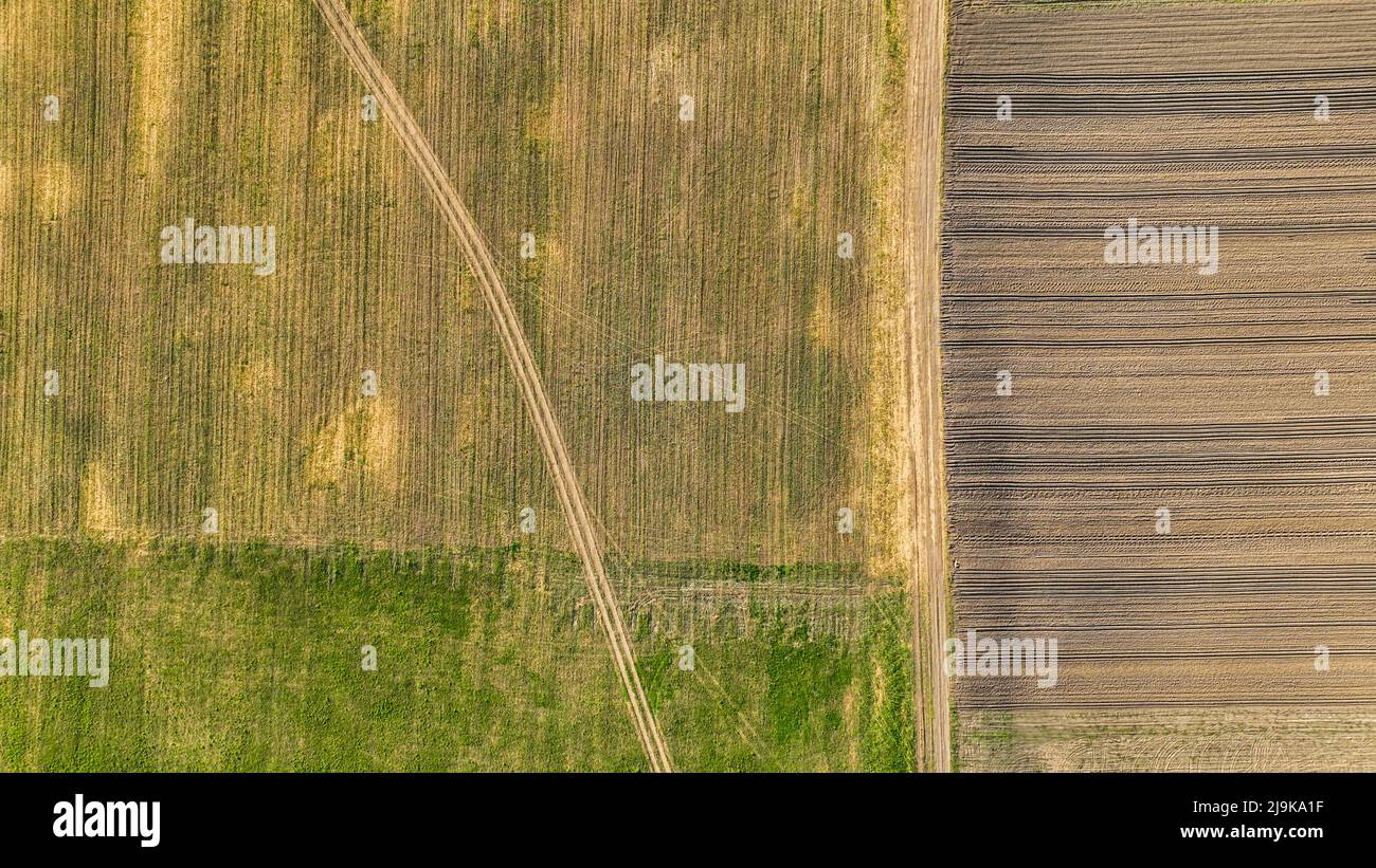 Aerial view of a land with sown fields in countryside. Landscape ...