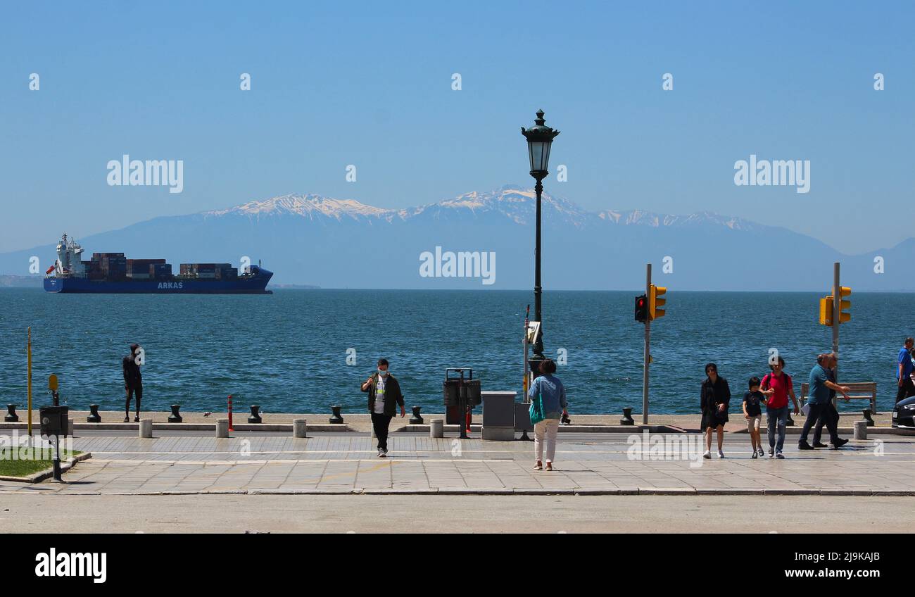 Container ship Arkas is waiting front of port in Thessaloniki, Greece ...