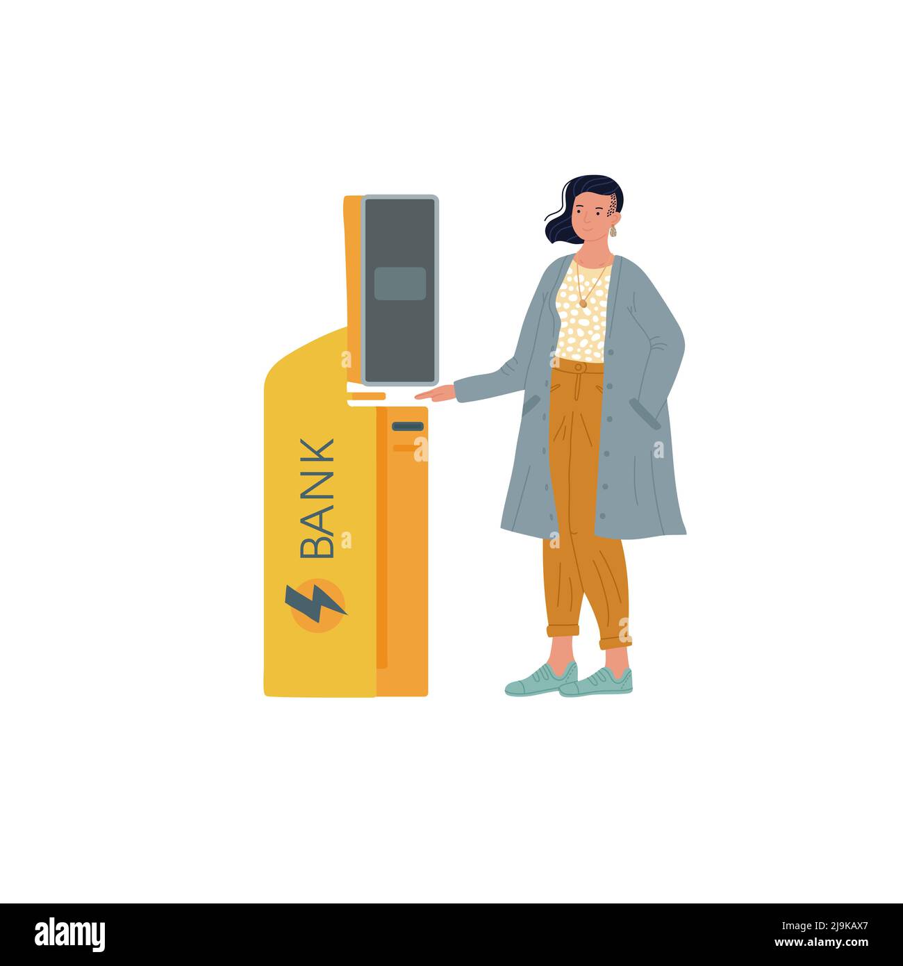Flat cartoon character at ATM cash machine,bank cards and accounts ...
