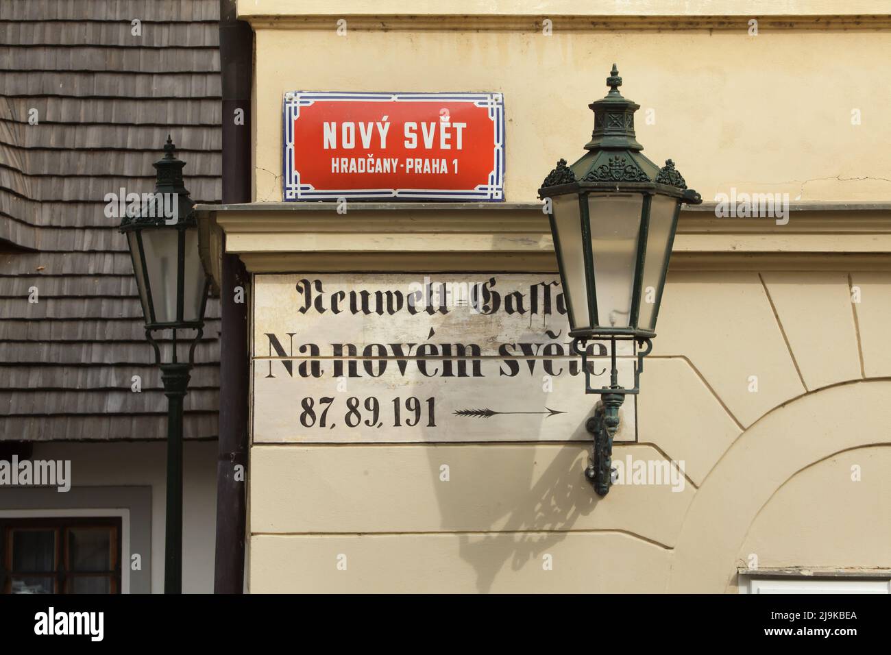 Traditional red street sign in Nový Svět Street (New World Street) in ...