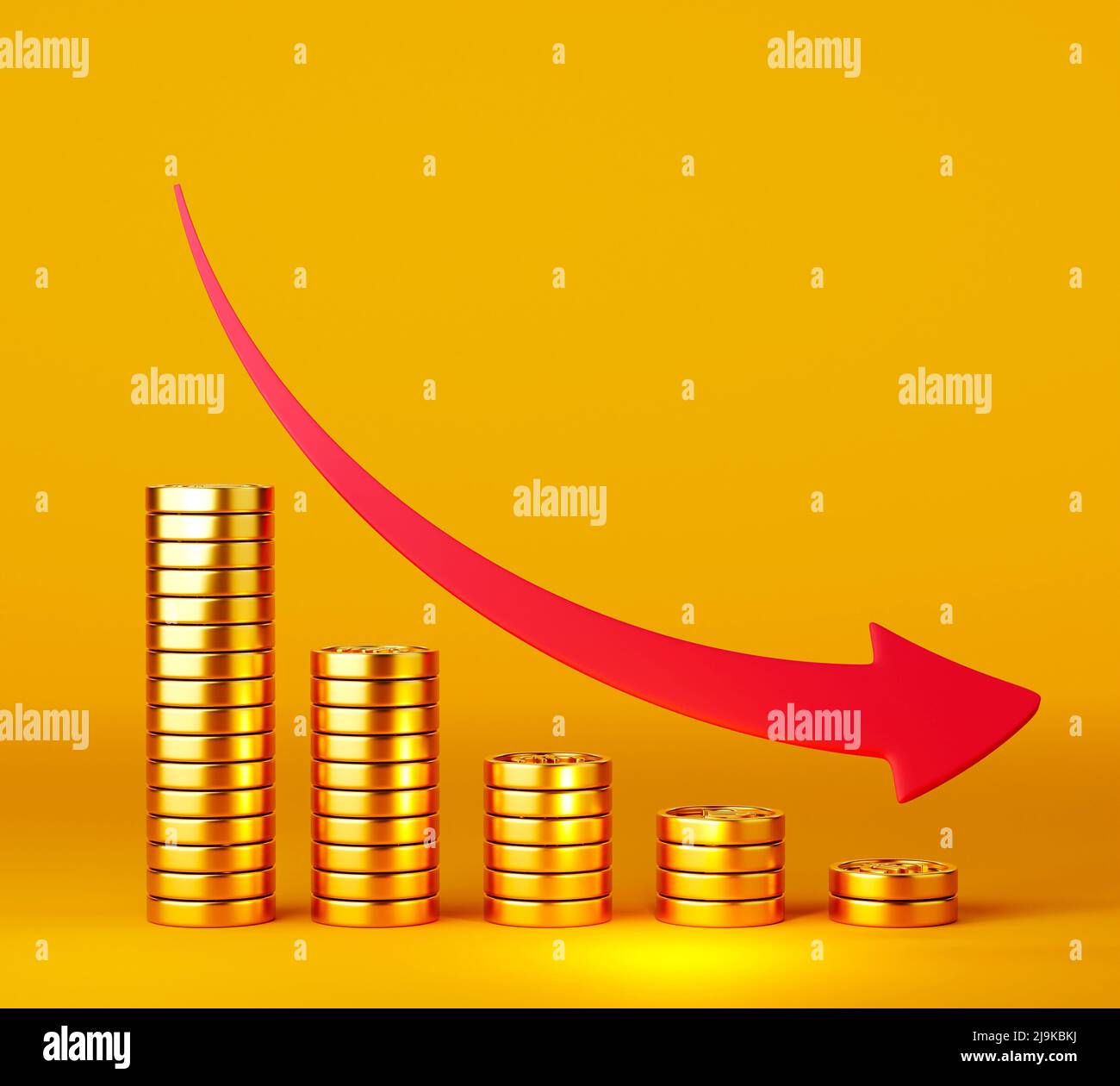 Stacks of golden coins and red arrow down on bright yellow background ...