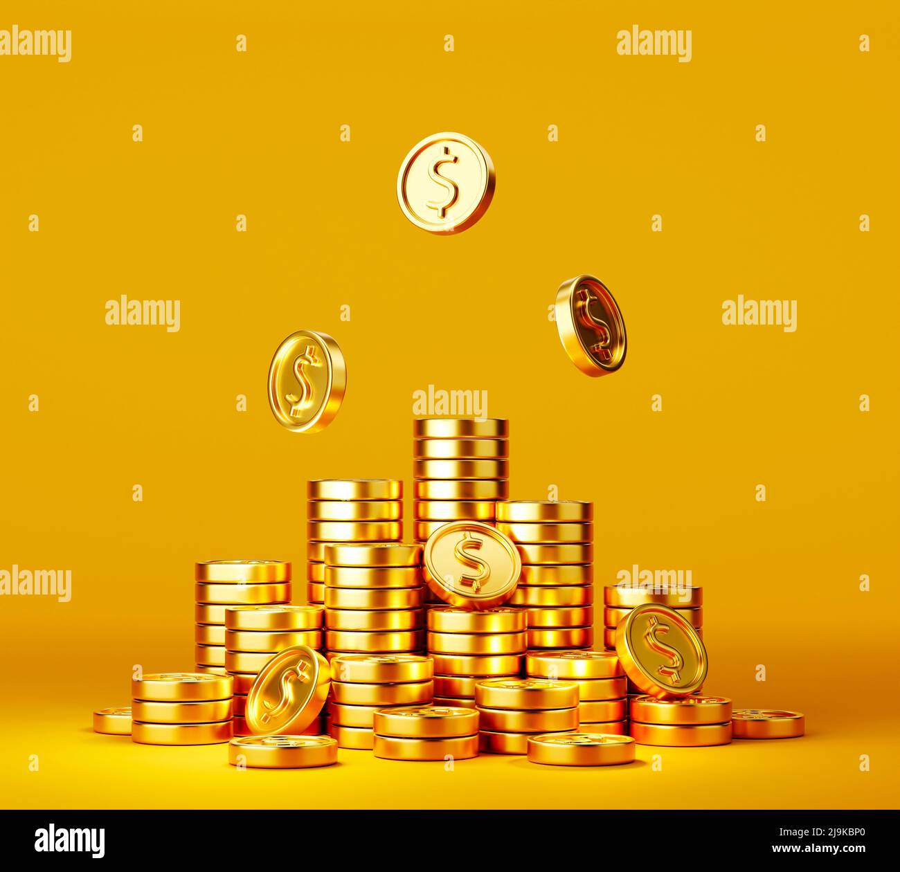 Pile of golden dollar coins and falling gold dollar coins on yellow ...