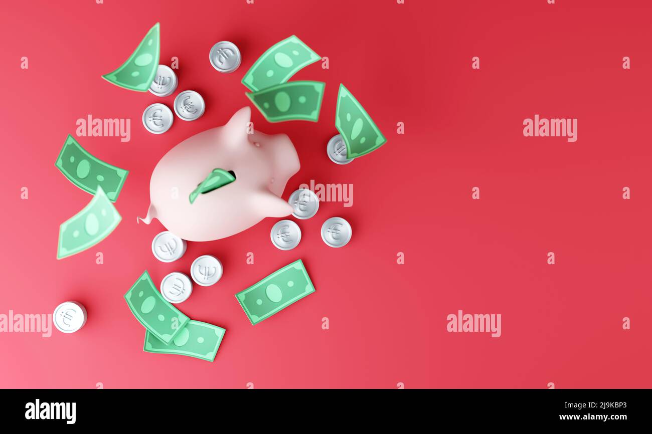 Pink piggy bank with falling dollar bills and coins on red background ...
