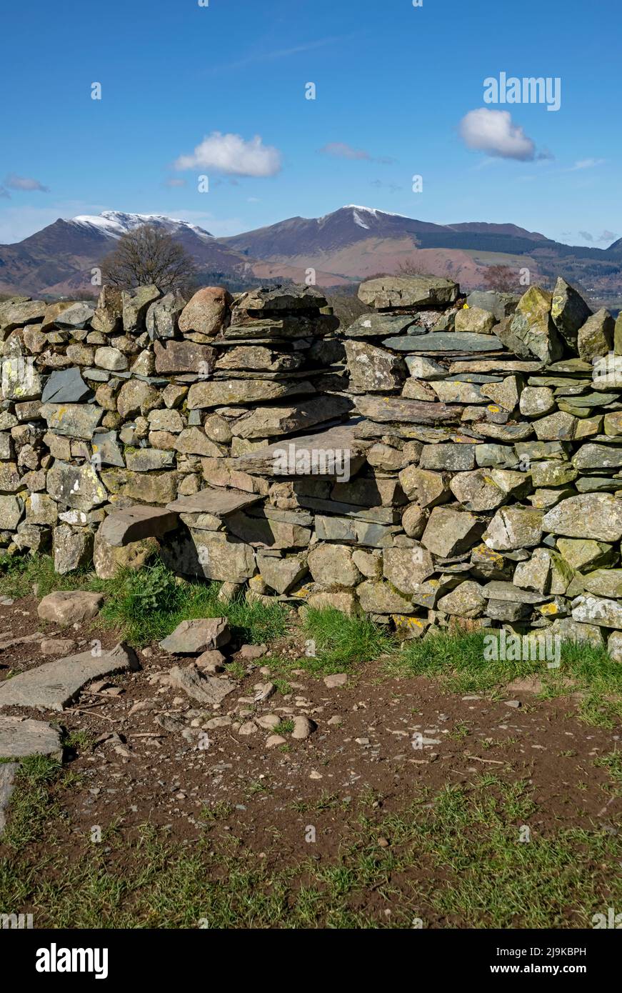 Stile made from slate steps set in dry stone wall in spring late winter ...