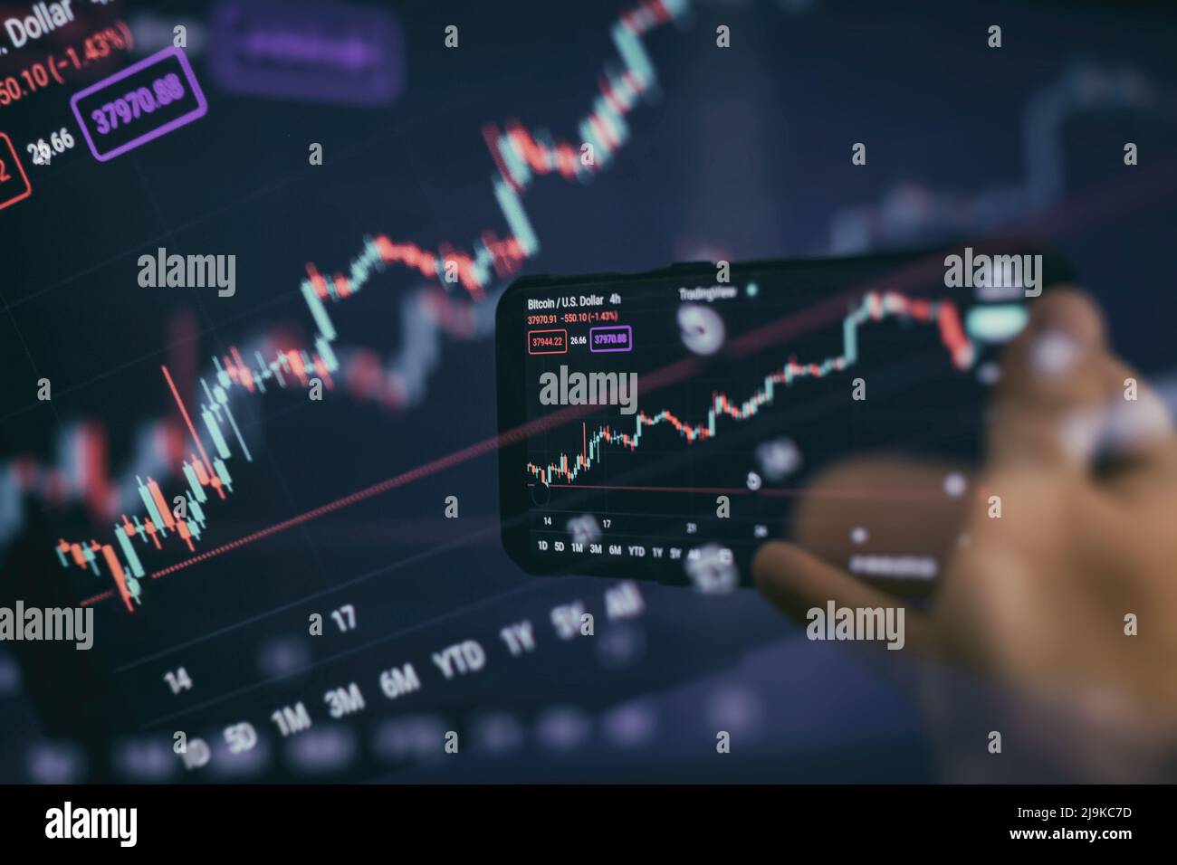 Trader investor broker holding finger using cell phone app executing ...