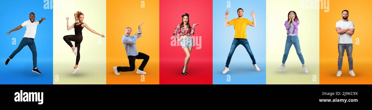 Multiracial men and women having fun on colorful backgrounds Stock ...