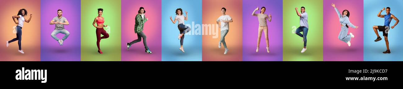 Active millennial men and women posing on colorful backgrounds, collage ...