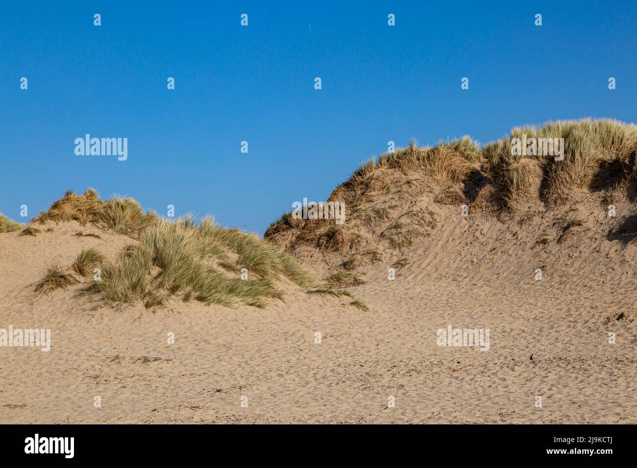 Sand dunes at Formby in Merseyside, with a blue sky overhead Stock ...