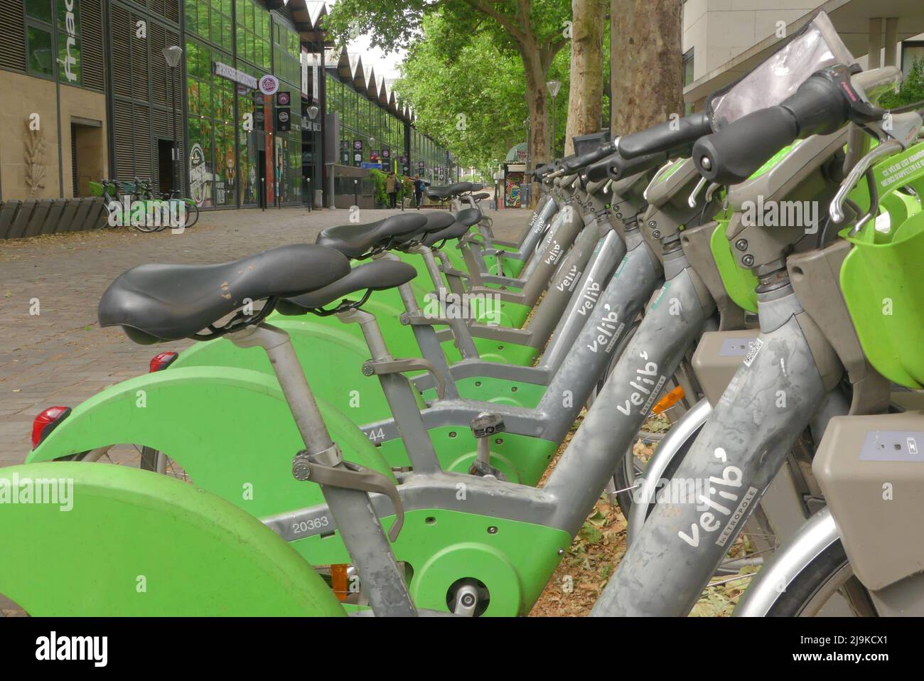 Paris, France. May 22. 2022. Velib rental station. Row Electric ...