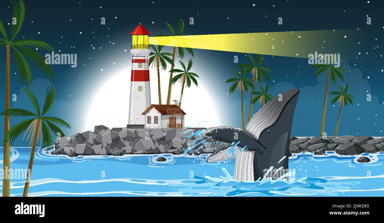 Lighthouse at night scene illustration Stock Vector Image & Art - Alamy